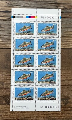 1993 RHODE ISLAND - Trout Fish Stamp - Lot2 **ARTIST SIGNED** Ron ...