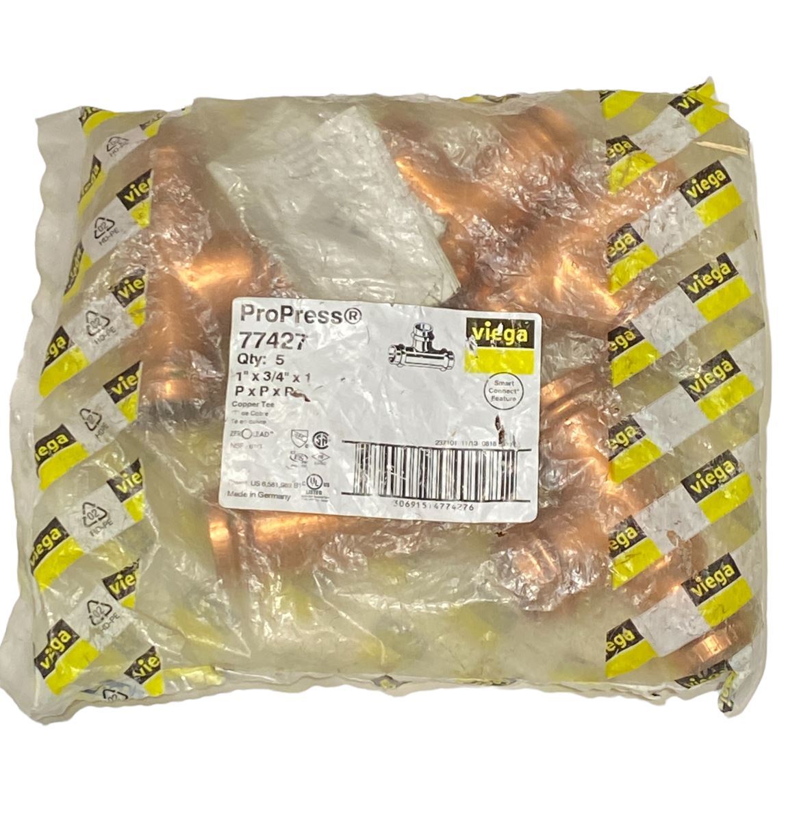 VIEGA PROPRESS 77427 ProPress Tee, 1" x 3/4" x 1" , Copper Tee - 5Pcs ...