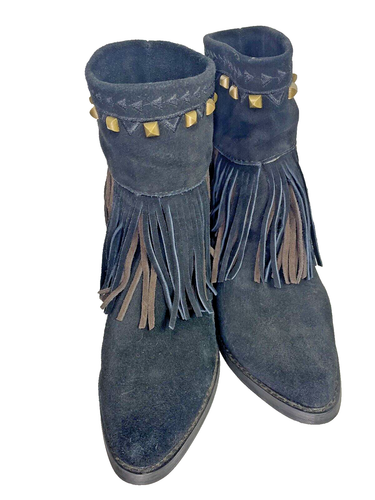 Sbicca Womens Sound Suede Black Fringe Stacked Heel Booties Boots Size ...