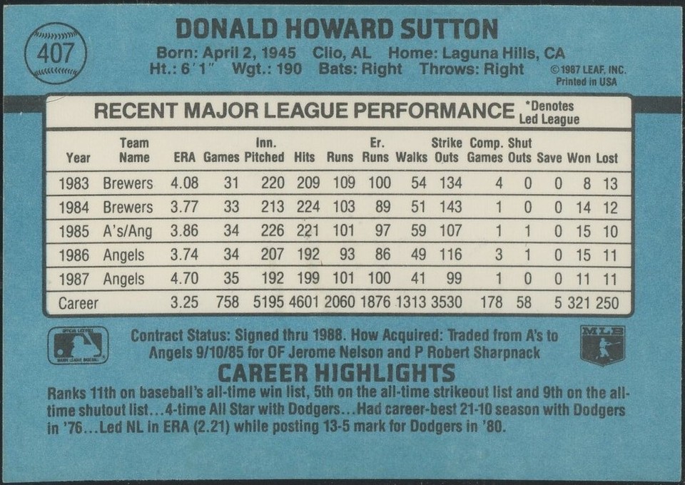 1988 Donruss Don Sutton California Angels #407 | eBay