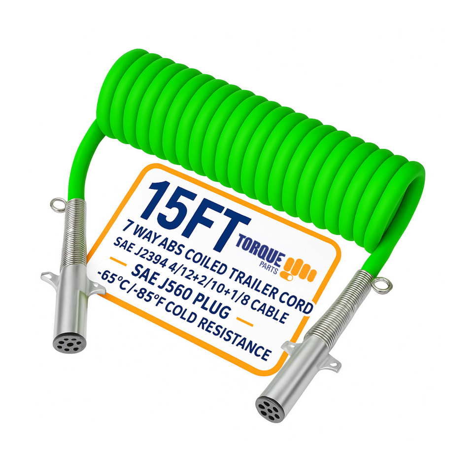 TORQUE 7 Way Coiled Trailer Cord 12FT Green ABS Power Cable Heavy Duty ...
