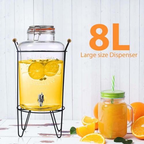 8L Glass Vintage Beverage Drinks Dispenser on Metal Stand Cocktail Jar ...