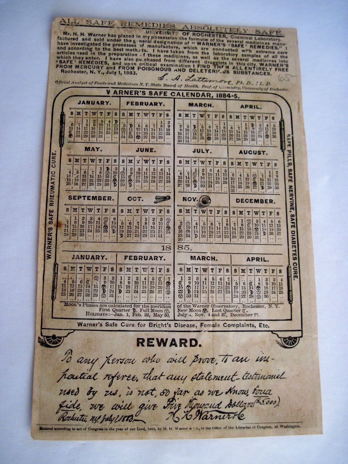 1883 Stunning Advertising Calender "Warner Safe Remedies" w/ Hawaiian ...