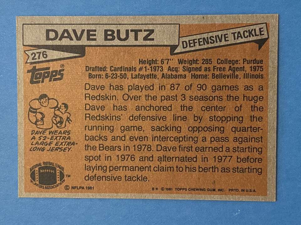 DAVE BUTZ Dec Signed 1981 Topps #276 Redskins Purdue Boilermakers ...