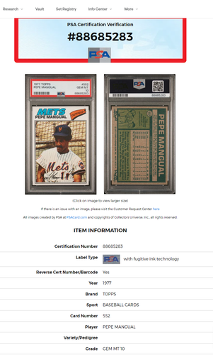 1977 TOPPS #552 PEPE MANGUAL METS PSA 10 (Pop 14)! | eBay