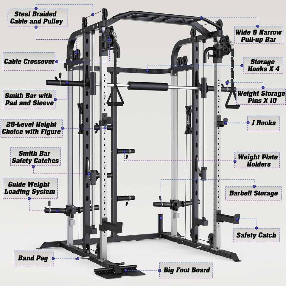 Smith Machine, Multifunctional Power Cage Rack with Smith Bar and Cable ...