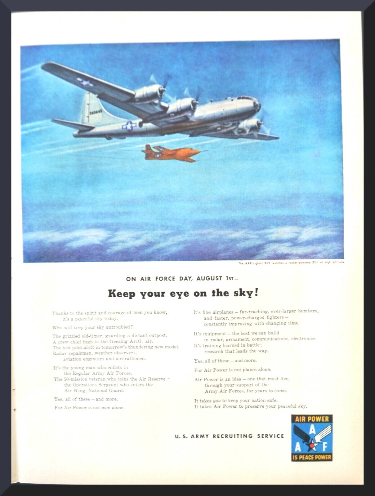 1947 U.S. Army PRINT AD Recruiting Service Features: Air Power AAF B-29 ...