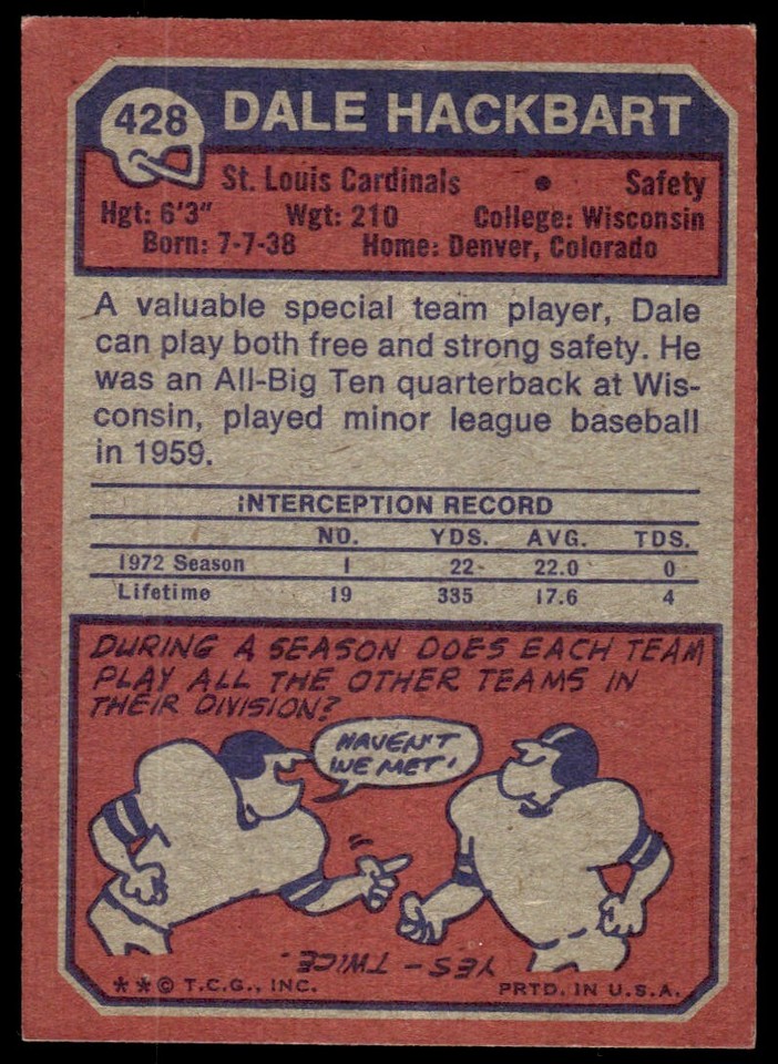 1973 TOPPS DALE HACKBART ST. LOUIS CARDINALS #428 | eBay
