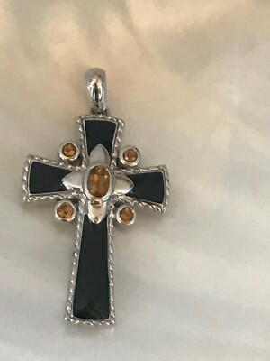 Estate Black Enamel & Signed 925 Thailand Silver CROSS w Yellow Stone ...