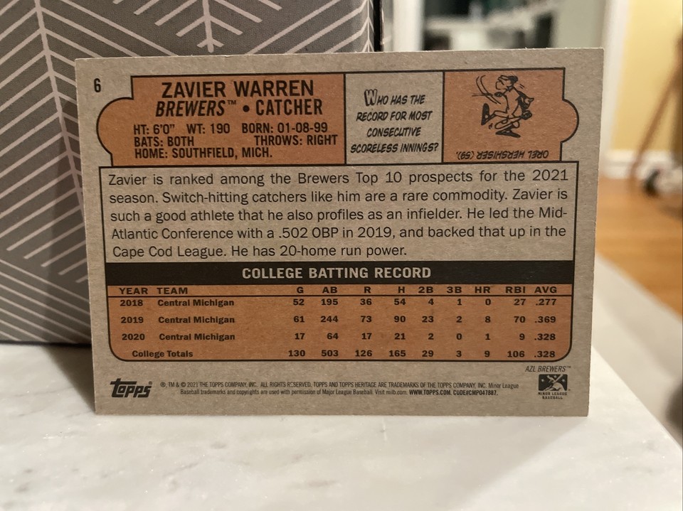 2021 Heritage Minors Base #6 Zavier Warren - AZL Brewers | eBay