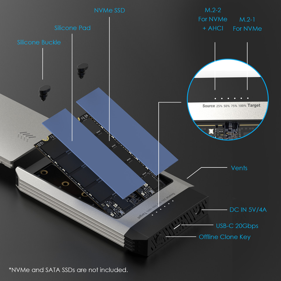USB-C Aluminum Dual-Bay M2 AHCI/NVMe PCIe SATA SSD Hard Drive Enclosure ...
