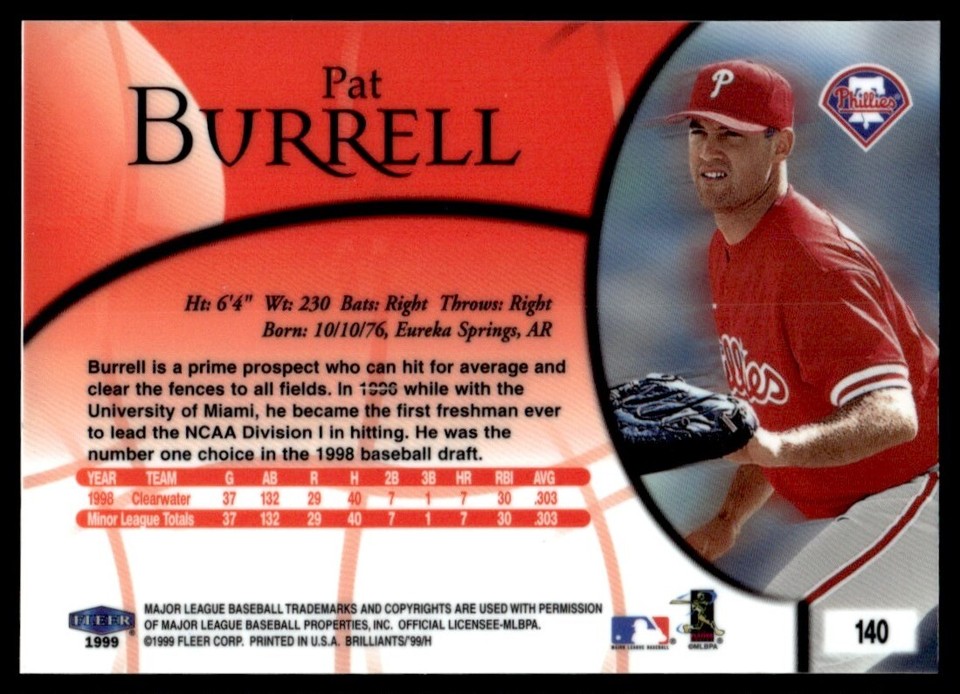 1999 Fleer Brilliants Pat Burrell Rookie Philadelphia Phillies #140 | eBay