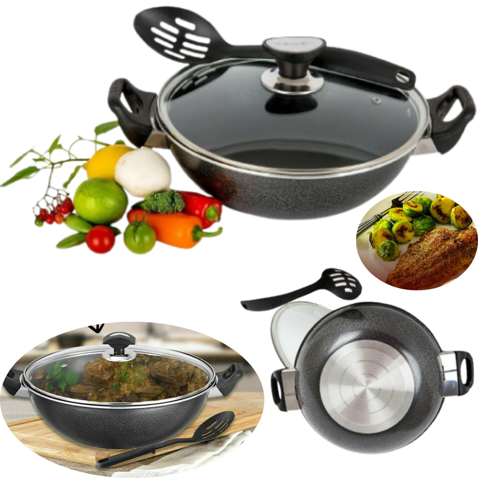 Non Stick Wok Pan Karahi with Lid Stir Fry Deep Cooking Frying Pan ...