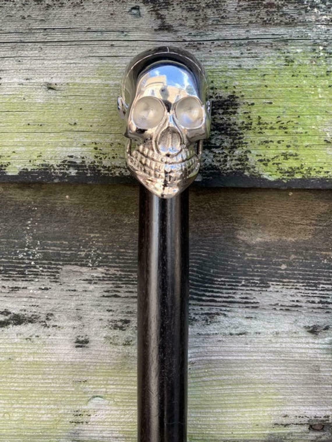 Antique Silver Brass Skull Head Handle Designer Woode… - Gem
