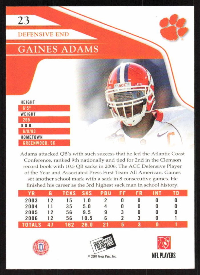 2007 Press Pass Gaines Adams #23 Clemson Tigers | eBay