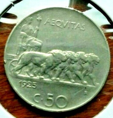 Italy 1925 - RARE Coin W/ LIONS - 50 Centesimi - AEQVITAS - Nickel - VF ...