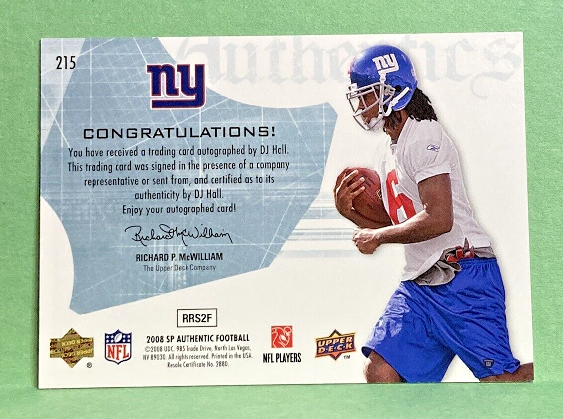 2008 SP Authentic DJ HALL Rookie Autograph /1199 Card #215 Giants | eBay