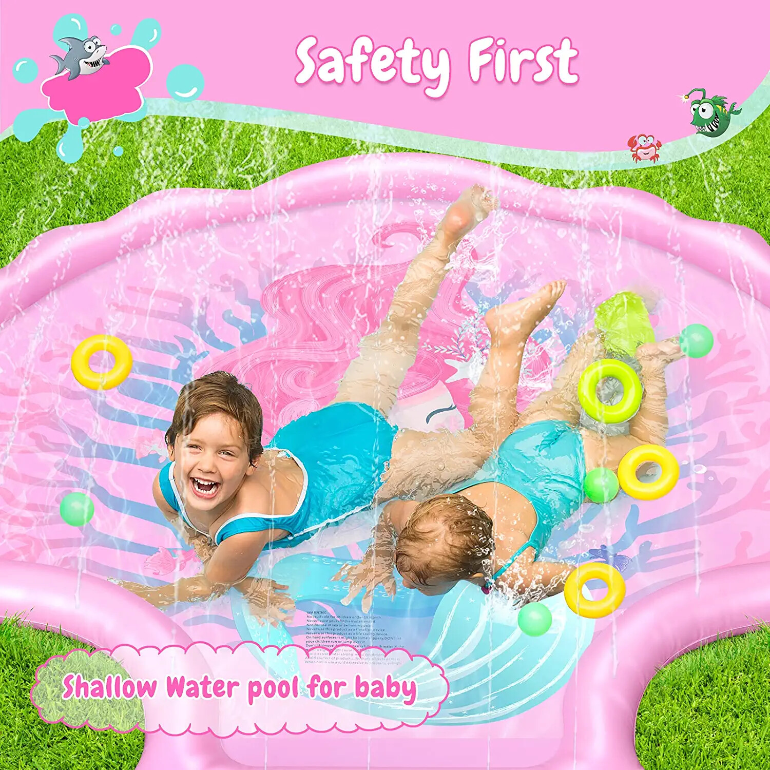 Pink Mermaid Blue Shark Sprinkler Splash Play Pad Kids Large Splash ...