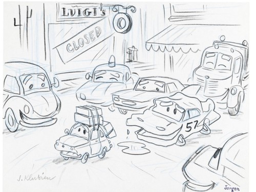 Cars Storyboard Drawing by Jorgen Klubien Original Art (Pixar, 2006 ...