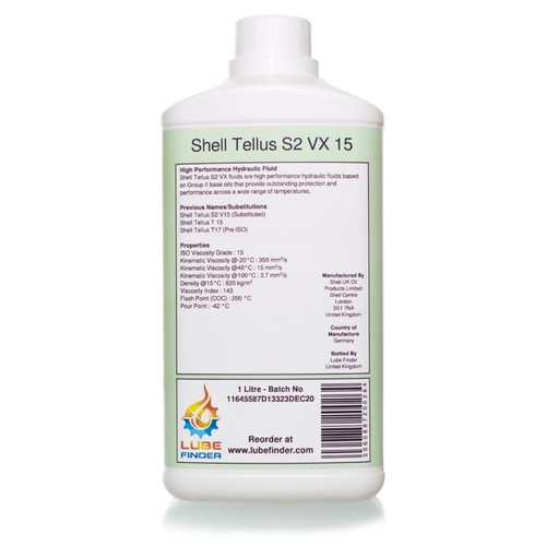 1L Shell Tellus S2 VX 15 (Tellus V15/T15/T17) ISO VG 15 Hydraulic Fluid ...