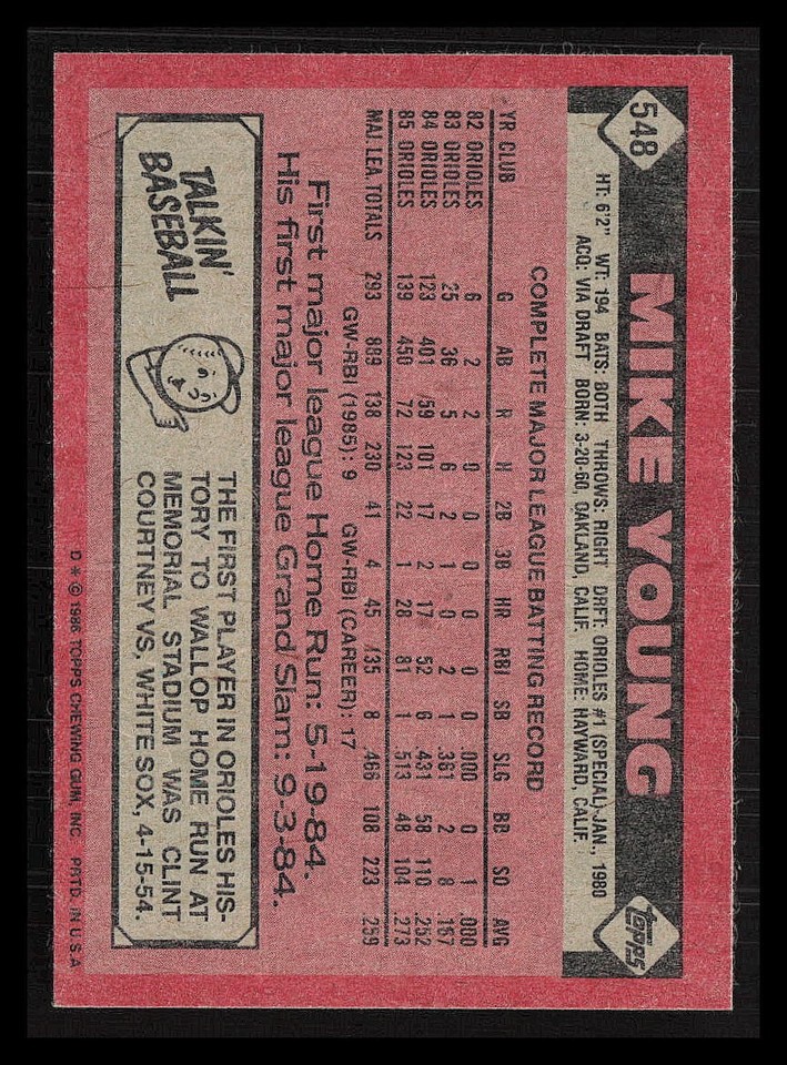 Mike Young 1986 Topps #548 Baltimore Orioles | eBay
