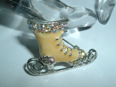Vintage Enamel and Aurora Borealis Rhinestone Silver Ice Skate Pin 1.5 ...