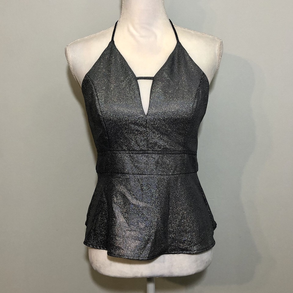 NWOT Express Metallic Iridescent Silver Plunge Neck Peplum Halter Party ...