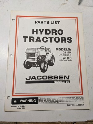 JACOBSEN ILLUSTRATED PARTS MANUAL LIST HYDRO TRACTOR GT12H GT16H JA ...