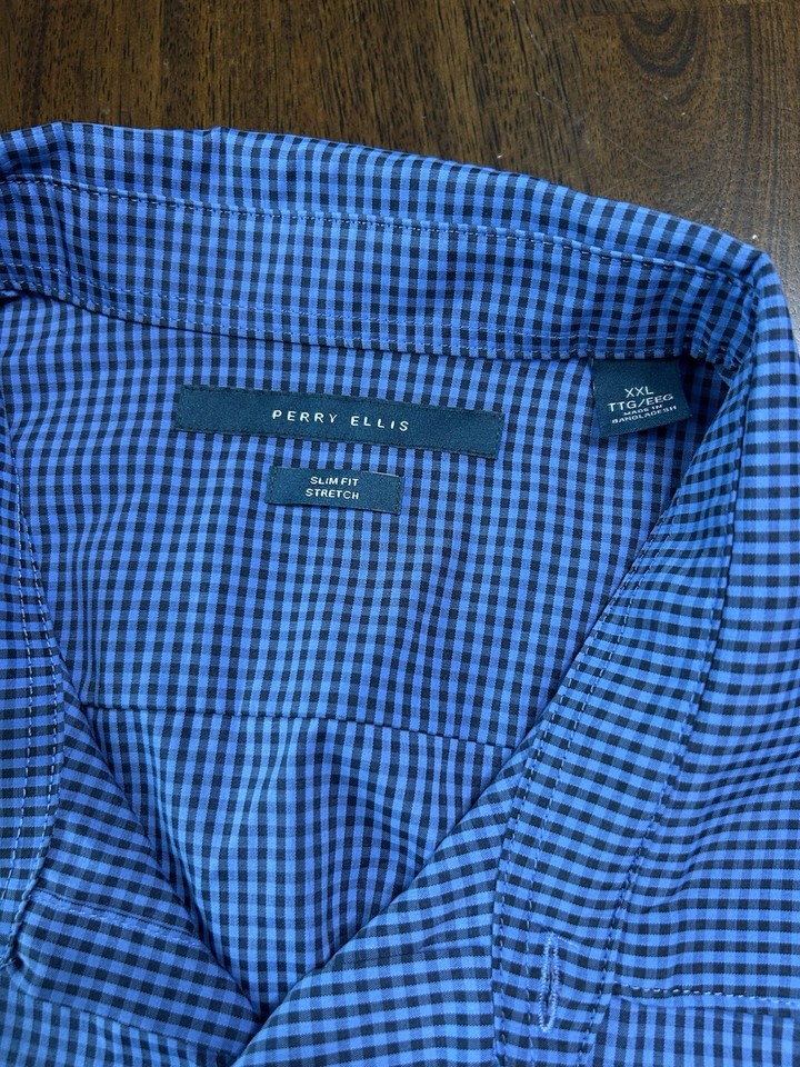 Perry Ellis Blue Plaid Long Sleeve Mens XXL SLim FIt Stretch | eBay