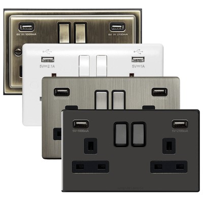 Double Wall Plug Socket 2 Gang 13A with 2 USB Ports Screwless Slim Flat ...