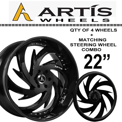 ARTIS 22 INCH GLOSS BLK WHEELS RIMS WITH STEERING WHEEL COMBO GBODY G ...