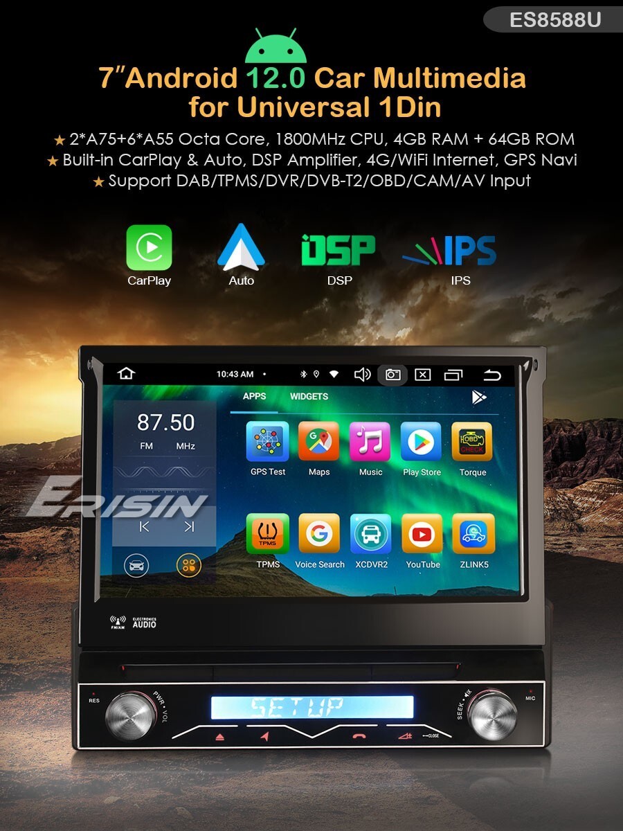 Erisin ES8588U Autoradio GPS 1 din Android 12 Wifi 4G DVD Carplay ...