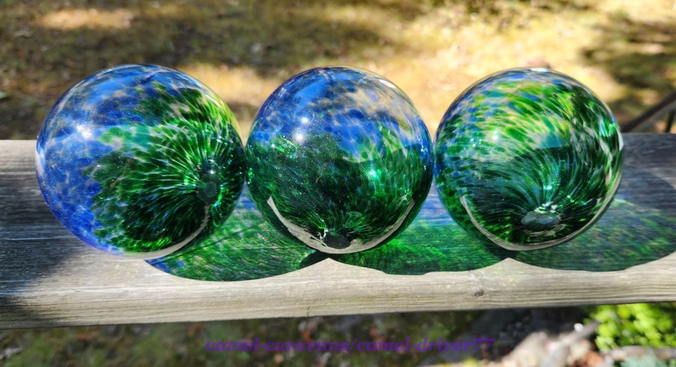 Set 3 HEAVY Handblown GLASS Gazing Orb 4" WITCH BALL FLOATS Blue Green ...