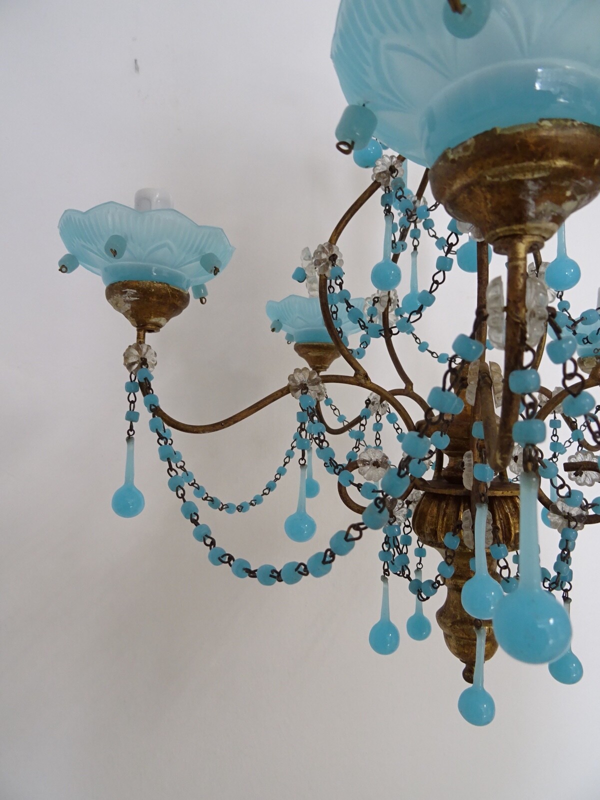 ~French Murano Blue Bobeches Drops & Beads Opaline Beaded Chandelier, c ...