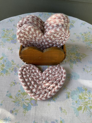 Vintage RAG RUG Look HEART COASTER Set Country FARMHOUSE | eBay