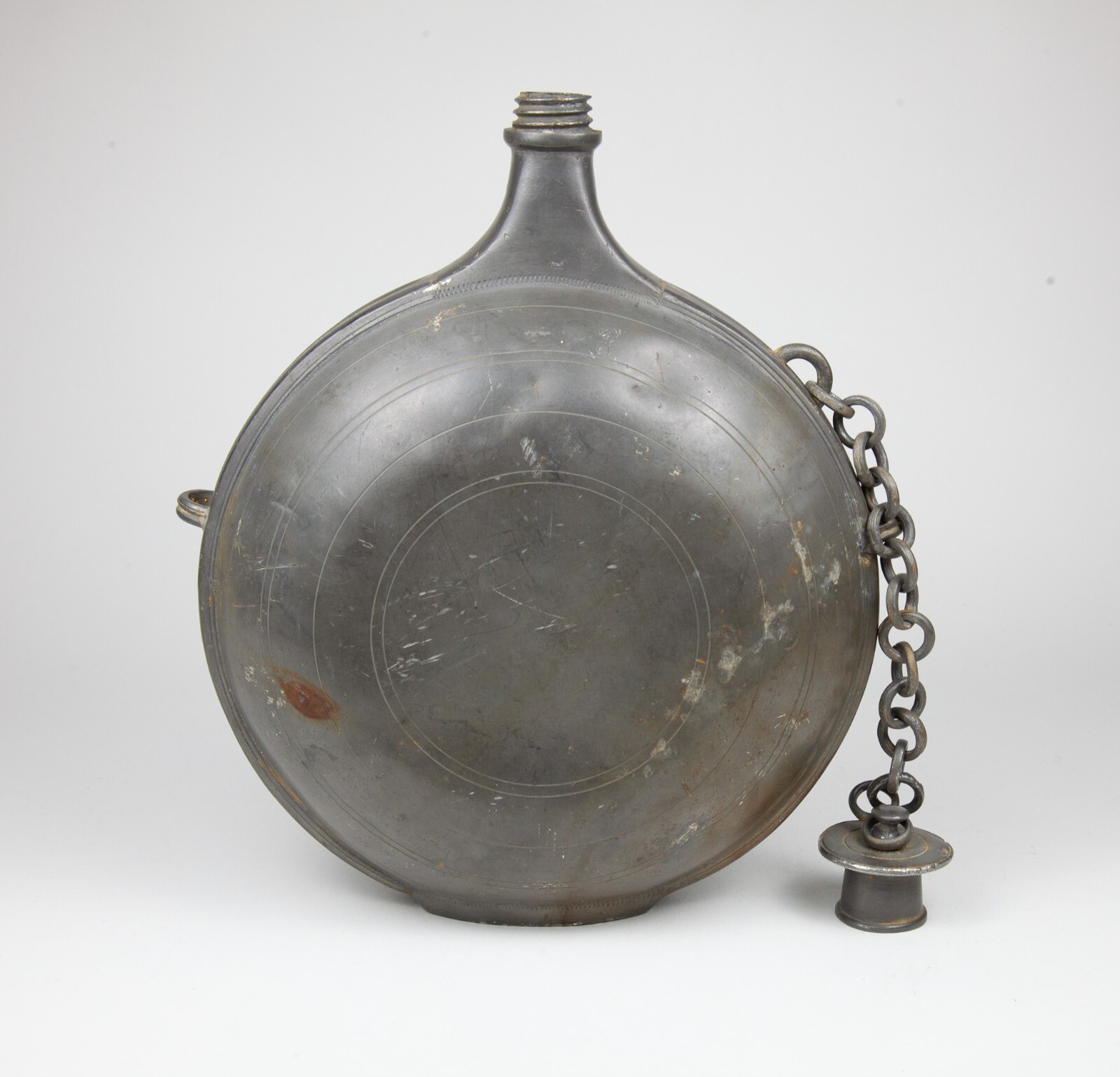 19th C. Pewter Pilgrim Flask, Canteen with Chain and Screw On Lid | eBay