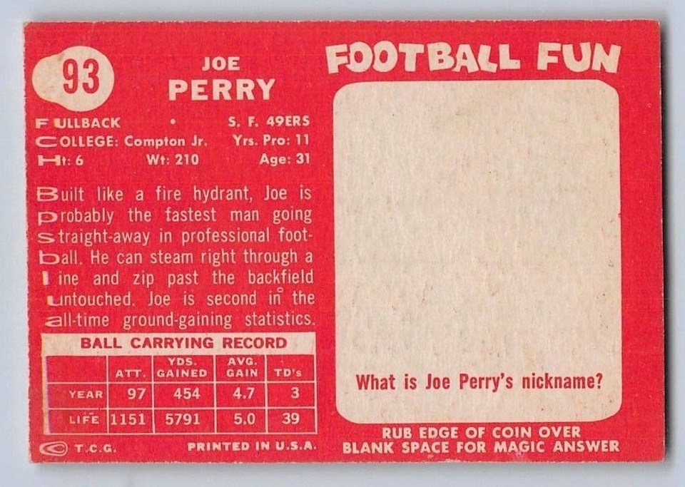 1958 JOE (THE JET) PERRY - Topps Football Card - # 93 - SAN FRANCISCO ...