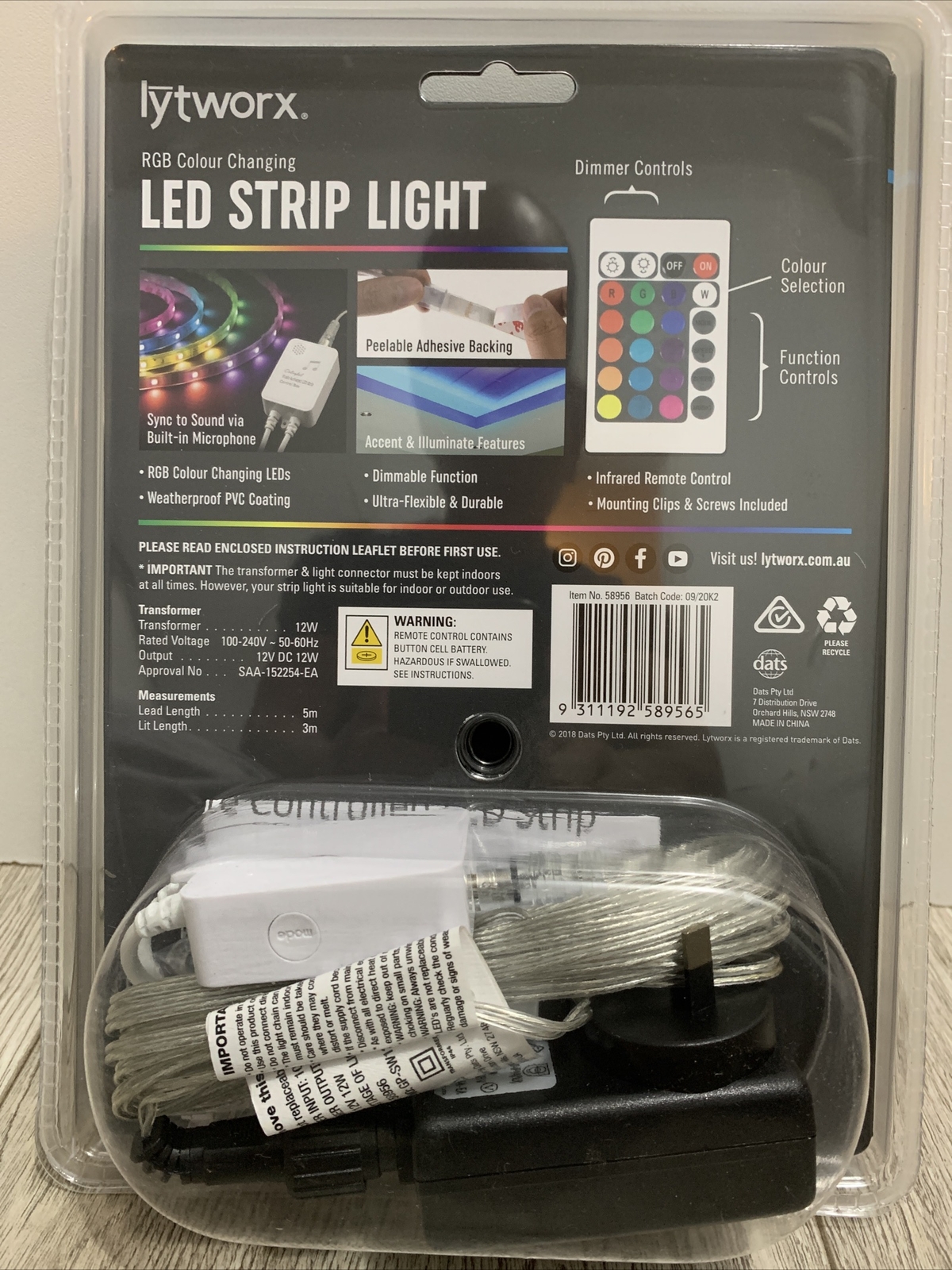 Lytworx 3m RGB LED Strip Light, Sync To Sound 16 Colors, Dimmable, IP65 ...