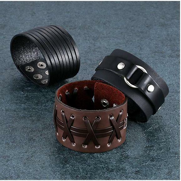 3PCS Punk Rock Wide Strap Spike Studded Biker Leather Cuff Bracelet ...