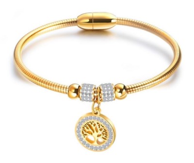 6.5" Gold Stainless Steel Magnet Buckle Family Tree Crystal Bangle ...