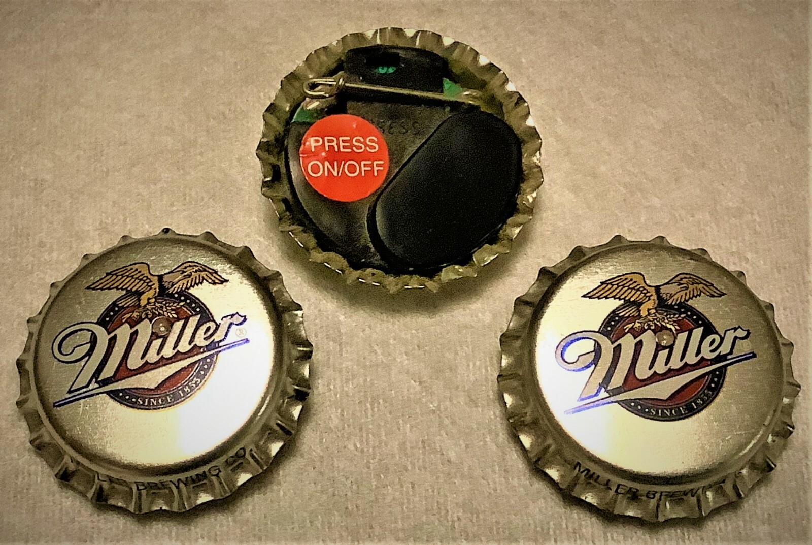 Lot of THREE MILLER BEER BOTTLE CAP LIGHT UP 1 1/4 INCH PINS AS IS ...