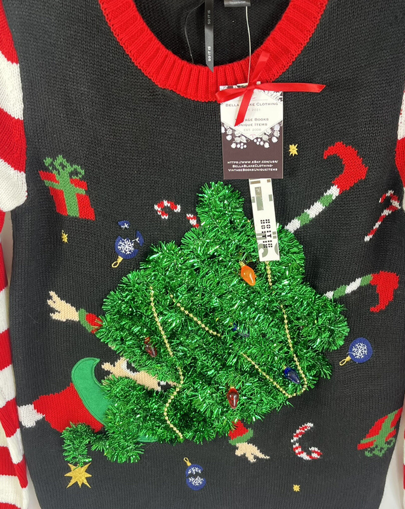 So It Is S Juniors Holiday Party Sweater Clumsy Elf black Tinsel Tree ...