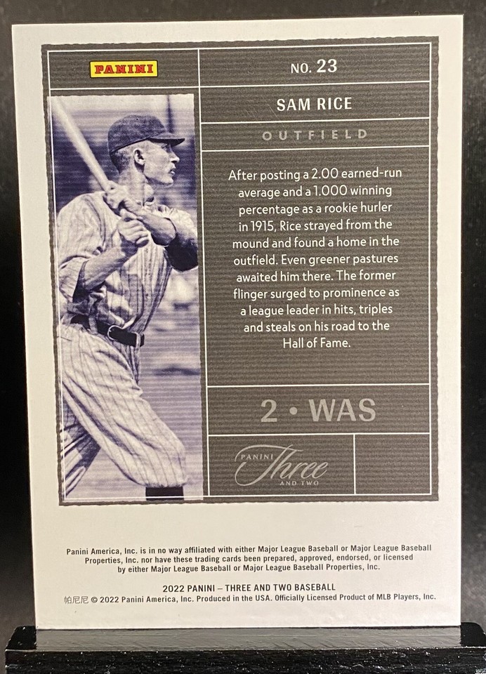 Sam Rice 2022 Panini Three and Two Baseball /99 #23 Washington Senators ...