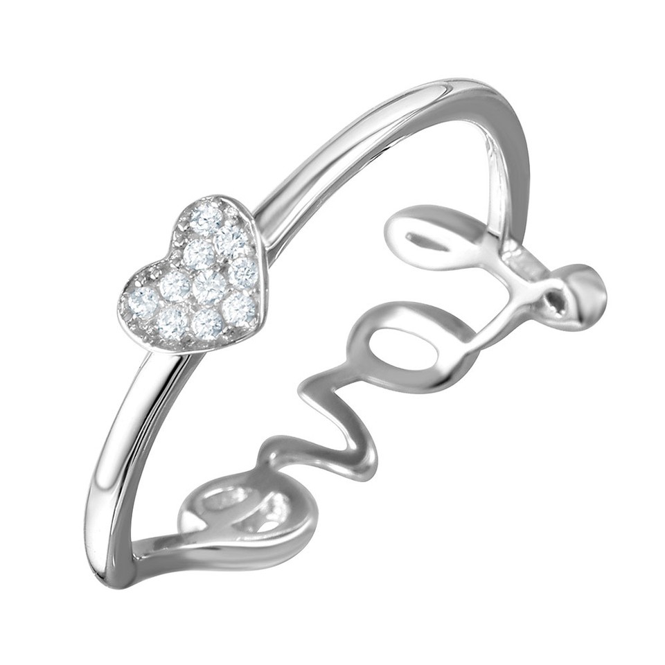 Sterling Silver 925 Love Script & Mini Heart Ring Dainty CZ Heart Women ...