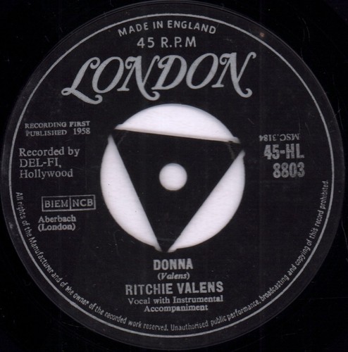 Ritchie Valens Donna 7" vinyl UK London 1958 3 prong Tri centre label ...