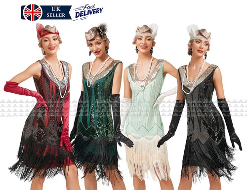 Lady 1920s Gatsby Flapper Cocktail Ball Sequin Beaded Fringed Vintage ...