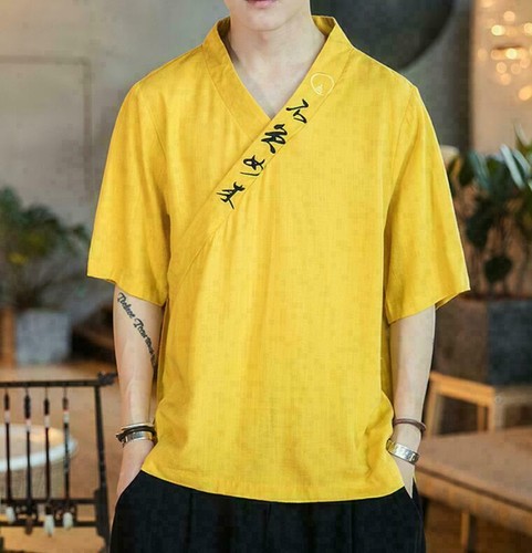 Mens Chinese V-Neck Casual Linen Cotton Short Sleeve Embroidery Shirt ...