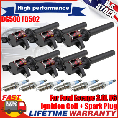 Pack 6 Ignition Coil Platinum Spark Plug For 2003-2008 Ford Escape 3.0L ...