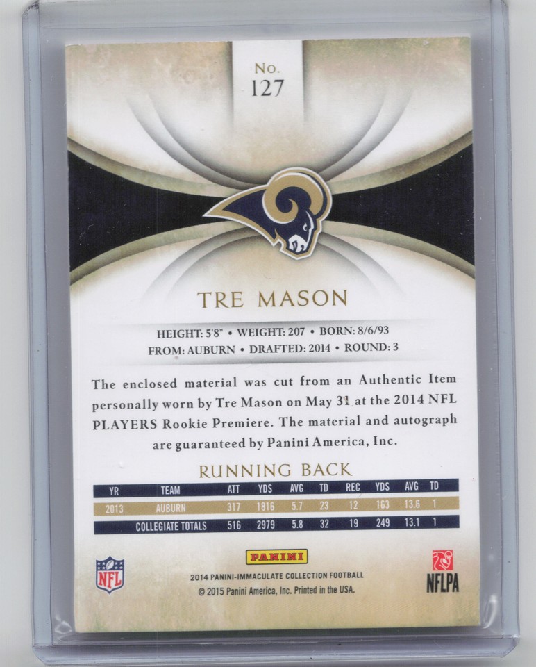 2014 Immaculate #127 Tre Mason RC Patch Auto #'d /99 | eBay