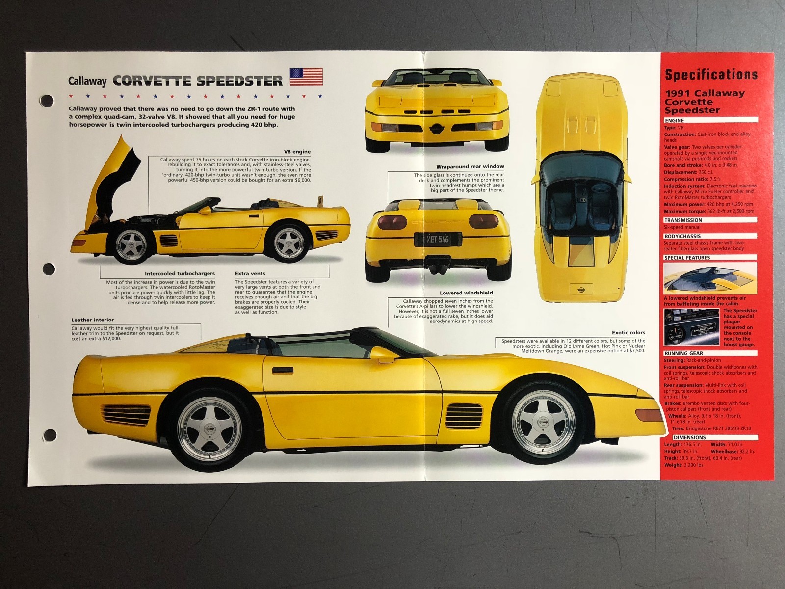 1991 Callaway Chevrolet Corvette Speedster Spec Sheet, Poster, Folder ...